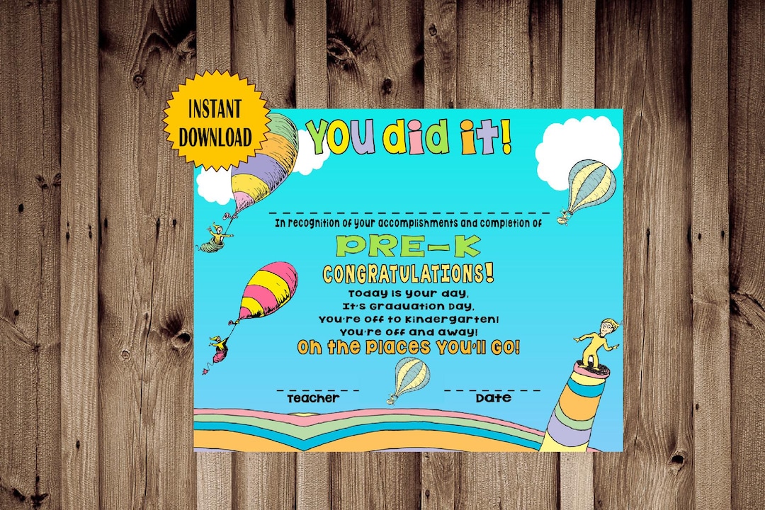 Pre-k Oh the Places You Will Go Graduation Certificate, Digital ...