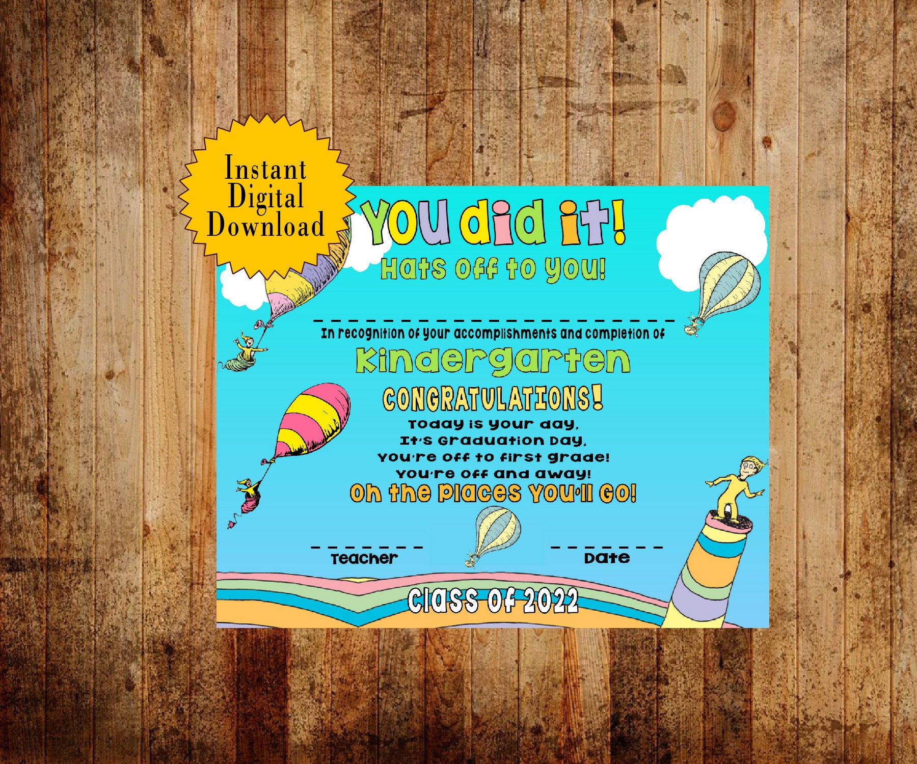 Kindergarten Oh the Places You Will Go Graduation Certificate - Etsy