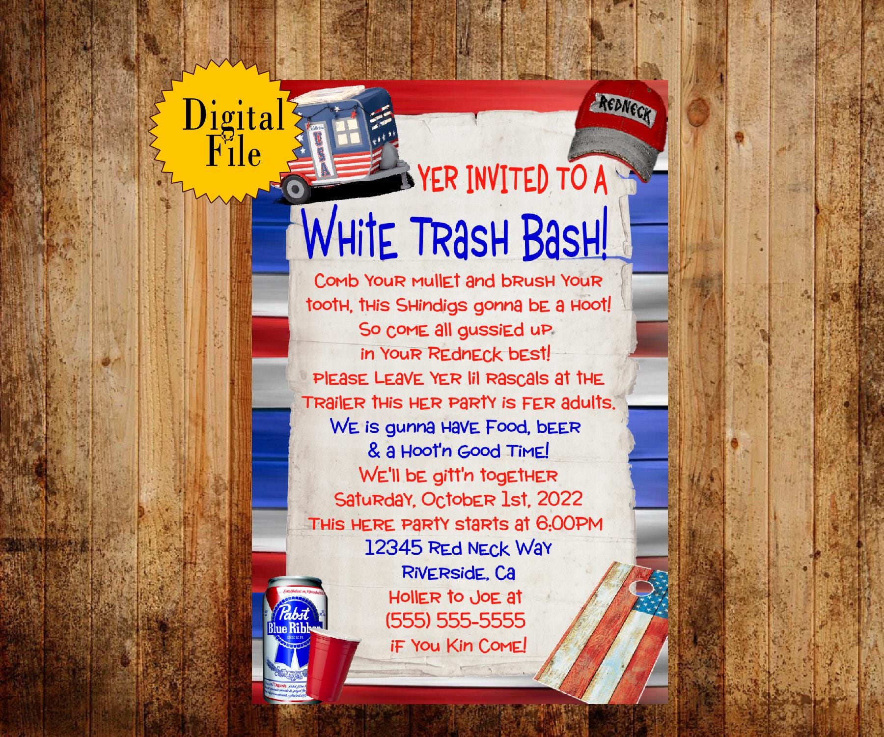 White Trash Redneck Party Invite, Red, White Blue, American Theme White ...