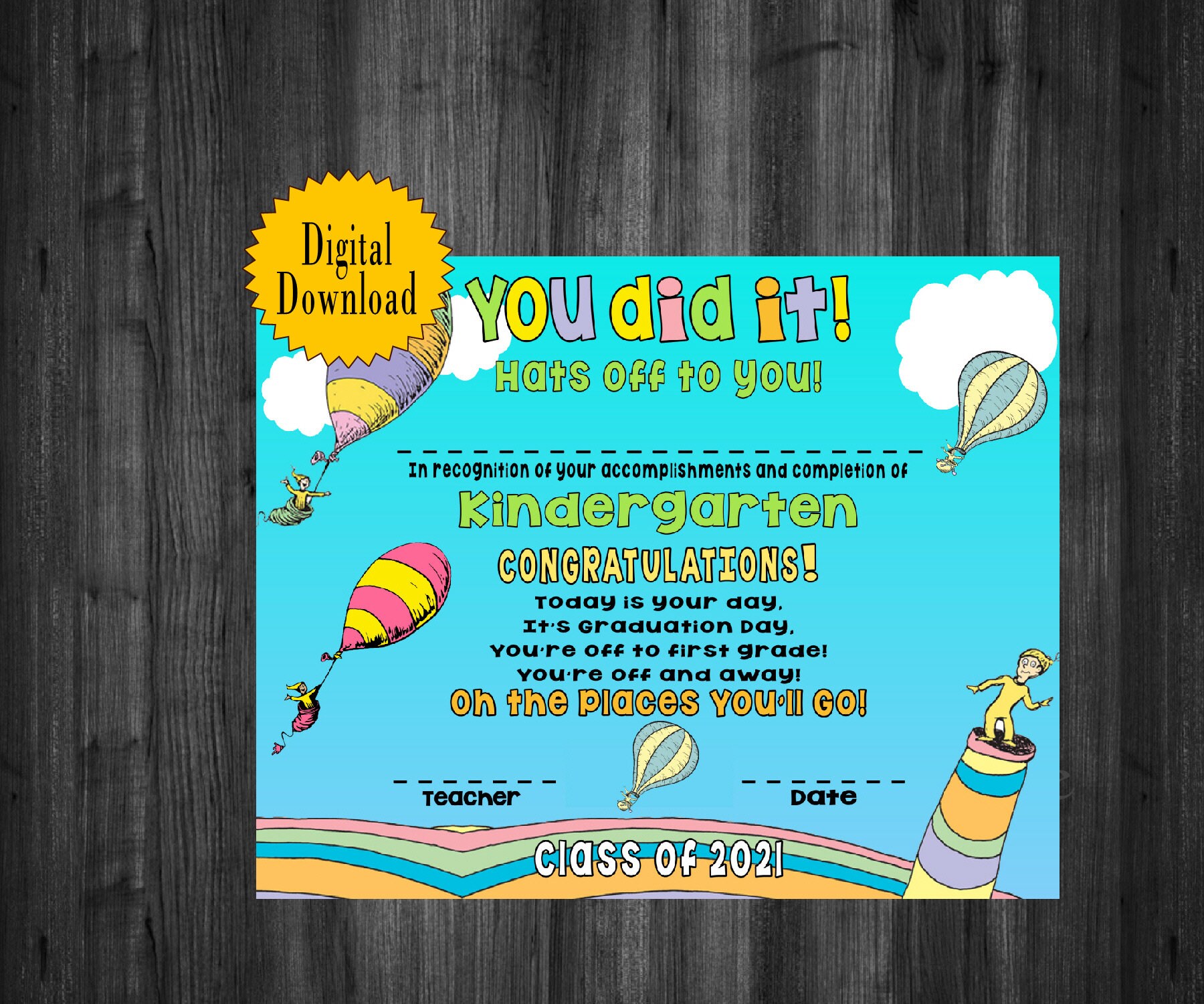 Kindergarten Oh The Places You Will Go Graduation Certificate | Etsy