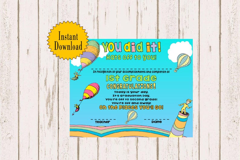 1st Grade Oh the Places You Will Go Graduation Certificate, Digital ...