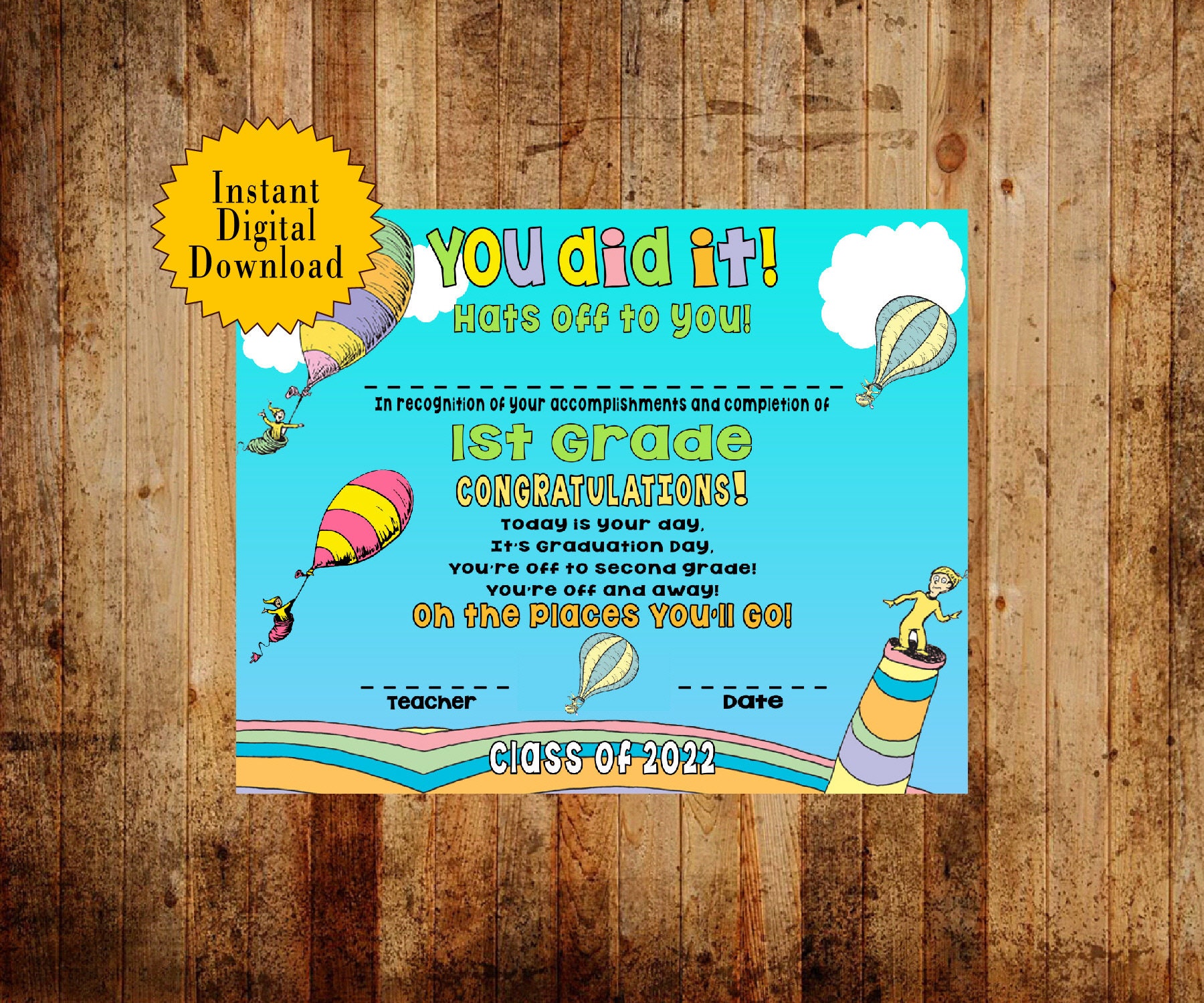 1st Grade Oh the Places You Will Go Graduation Certificate, Digital ...