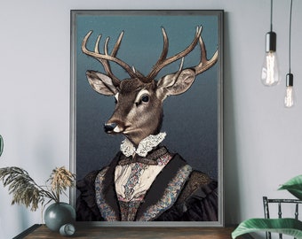 Stag Vintage Portrait Renaissance Animal Painting Altered Art Print ...