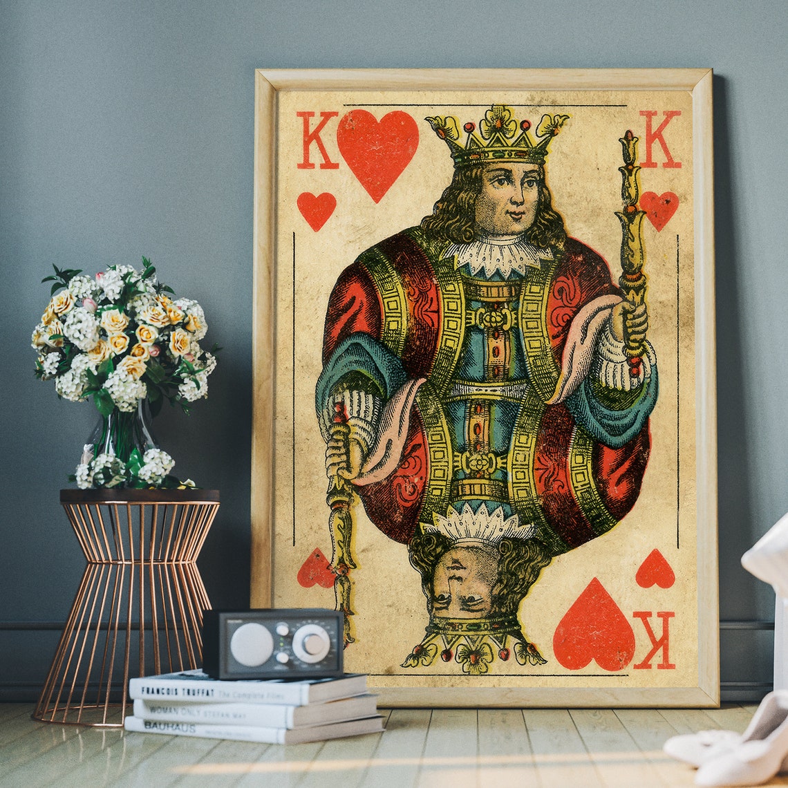 Herz König Vintage Spielkarte Kunstdruck, Retro Wandkunst, Rustikale ...