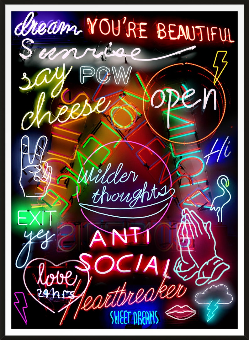 Neon Sign Mashup Print, Neon Art Print, Neon Sign Typography Art, Neon ...