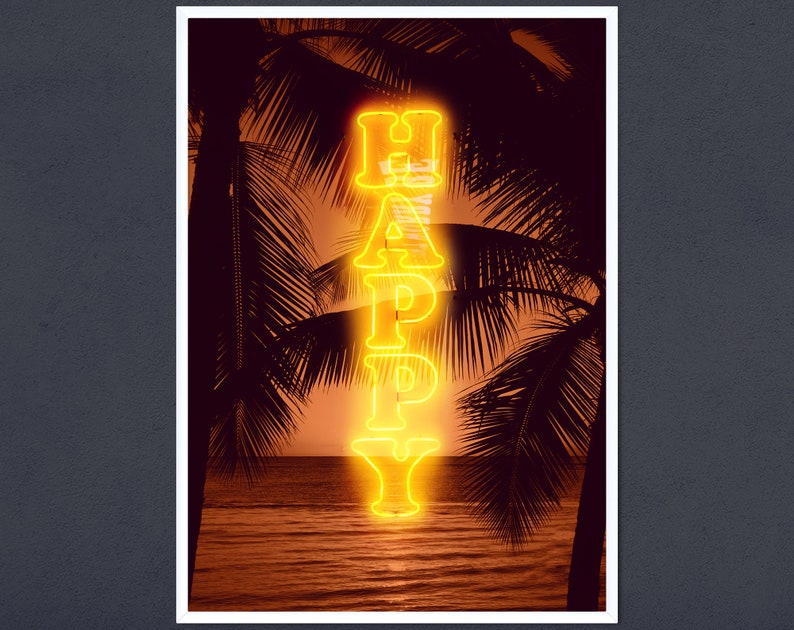 Happy Art Print, Happiness Wall Art, Motivational Poster, Tropical Art ...