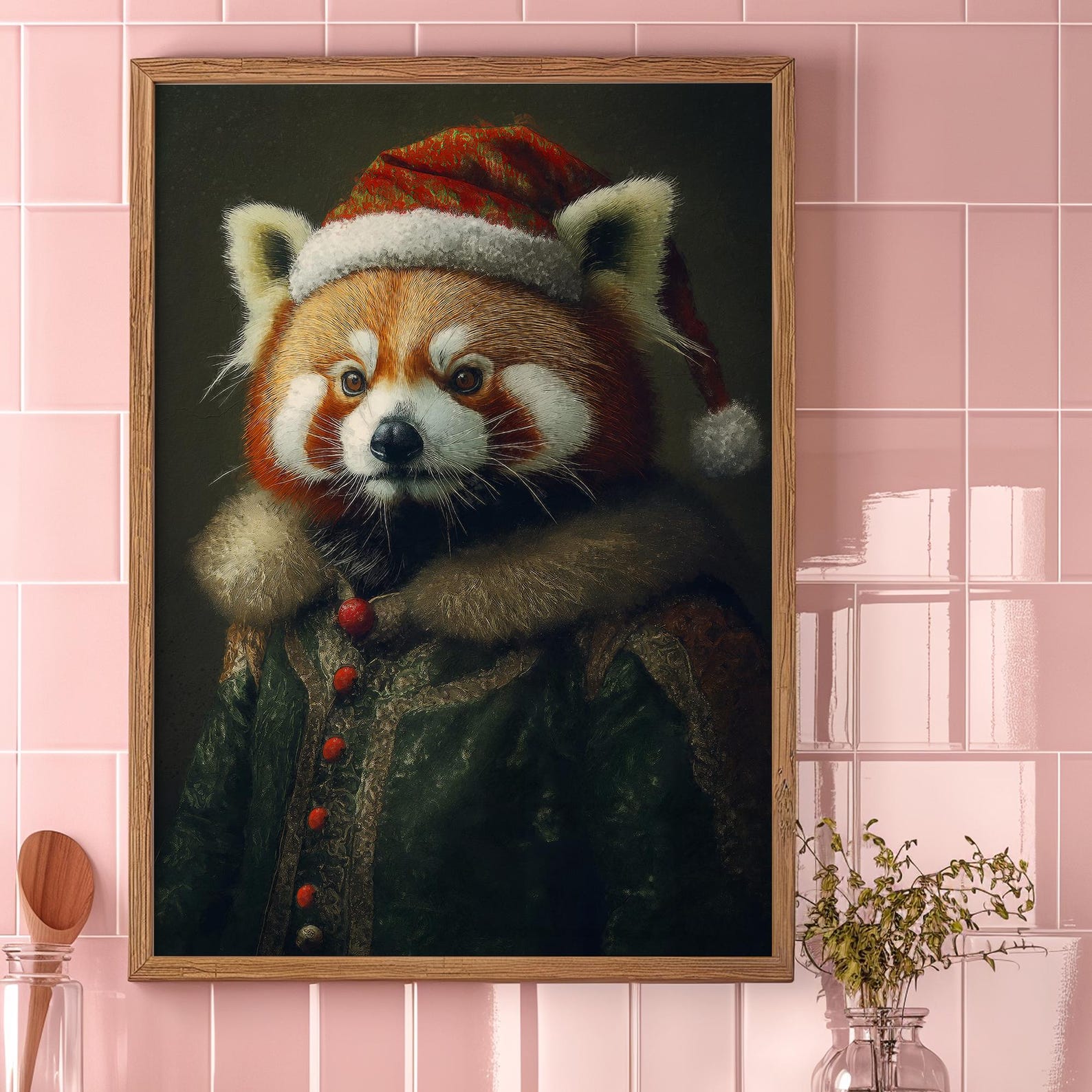 Christmas Red Panda Vintage Portrait, Festive Animal Art, Holiday Wall ...