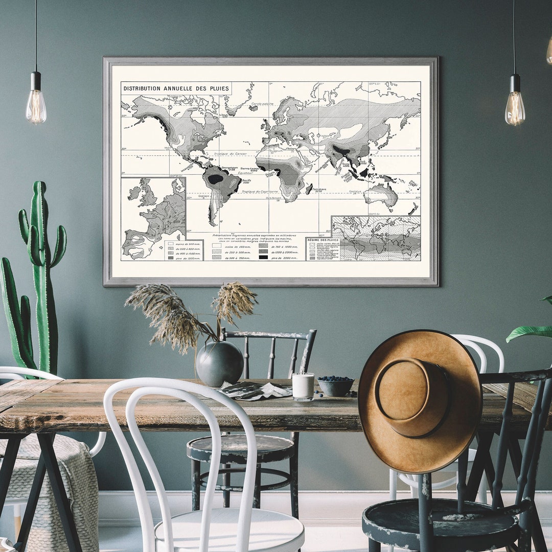 Vintage World Map, Antique Map Illustration, Weather Chart, Vintage ...