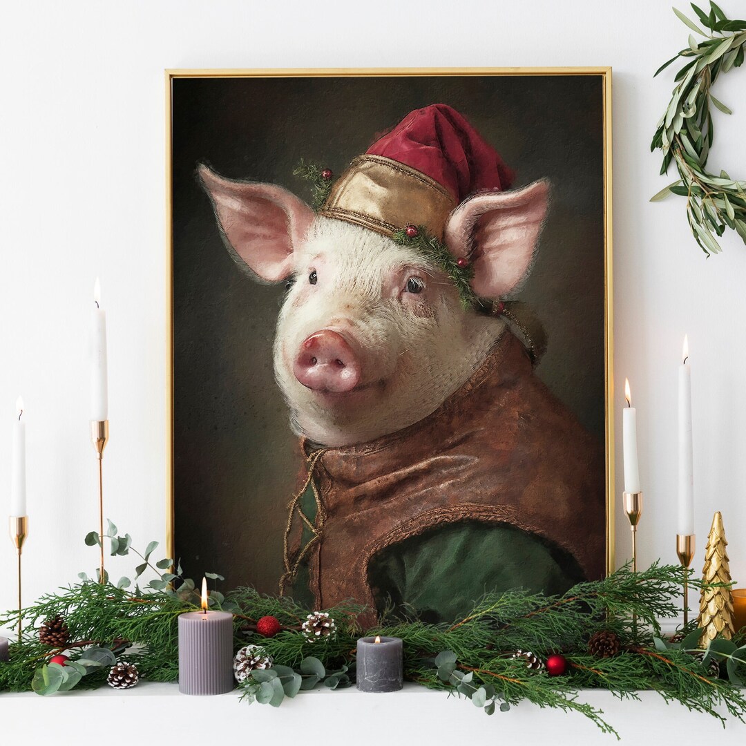 Christmas Pig Vintage Portrait – Renaissance Animal Painting, Festive ...