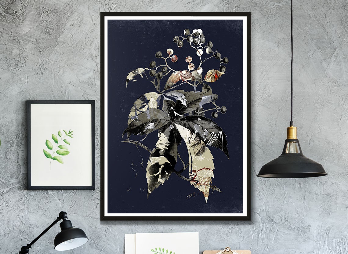 Spring Wall Decor, Botanical Leaves Navy Print, Botanical Art Poster ...