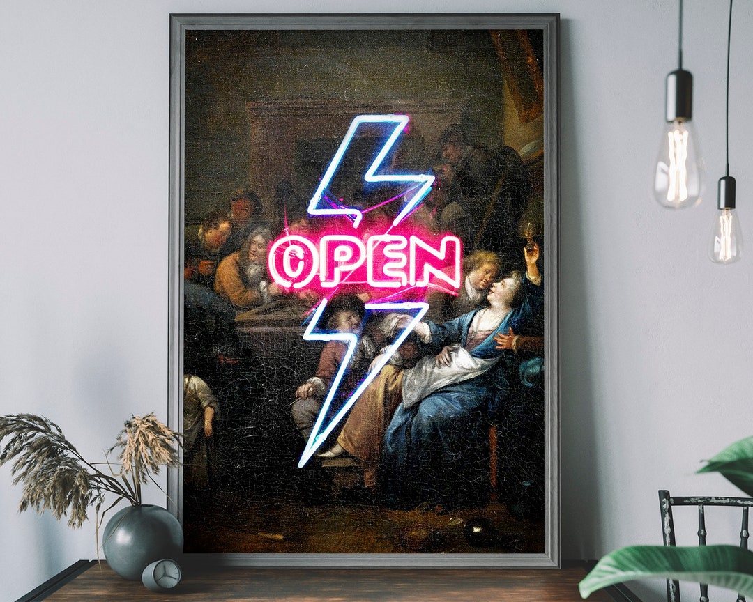 Open Sign Wall Art, Lightning Bolt Art Print, Altered Vintage Art ...