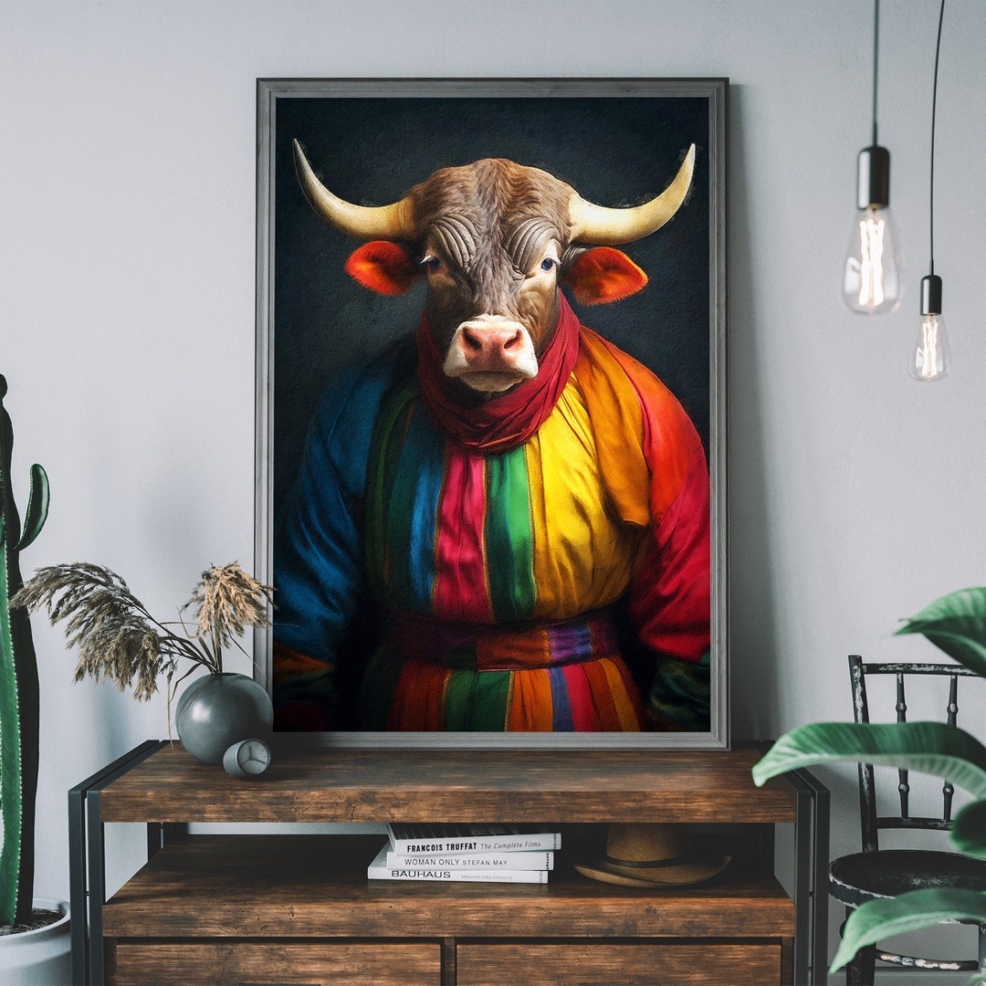 Rainbow Bull Poster – Renaissance Animal Painting, Altered Art Print ...