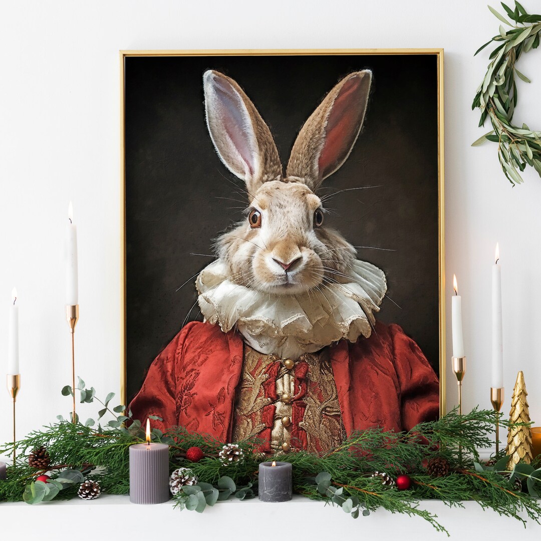 Christmas Rabbit Vintage Portrait, Renaissance Animal Painting, Festive ...