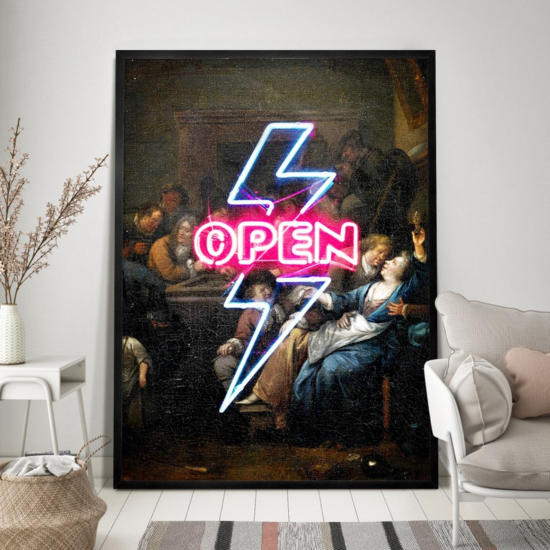 Open Sign Wall art Lightning Bolt Art Print Altered Vintage | Etsy