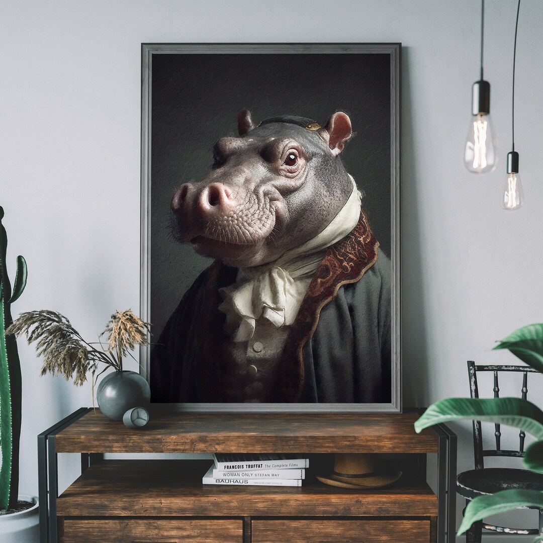 Altered Art Vintage Hippo Head on Human Body Art Print, Altered Wall ...