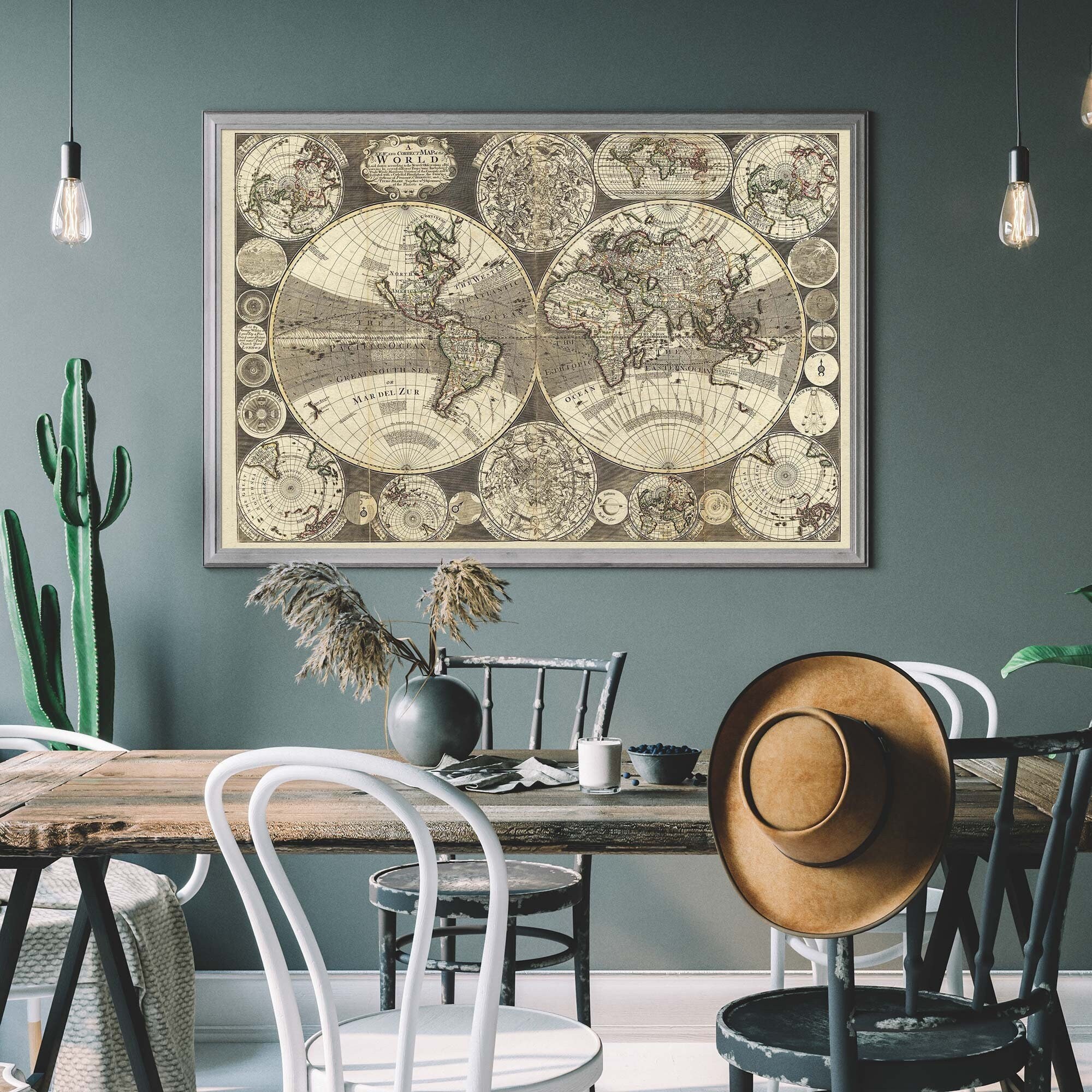 Vintage Black White World Map — Antique Travel Art - Etsy