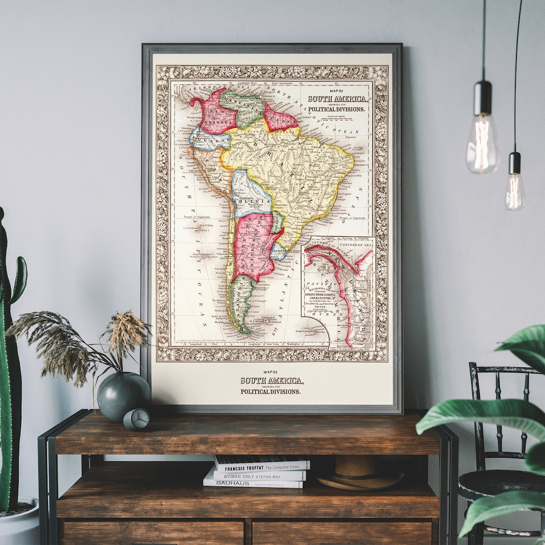 Vintage South America Map, Antique Map Illustration, Latin Map Art ...