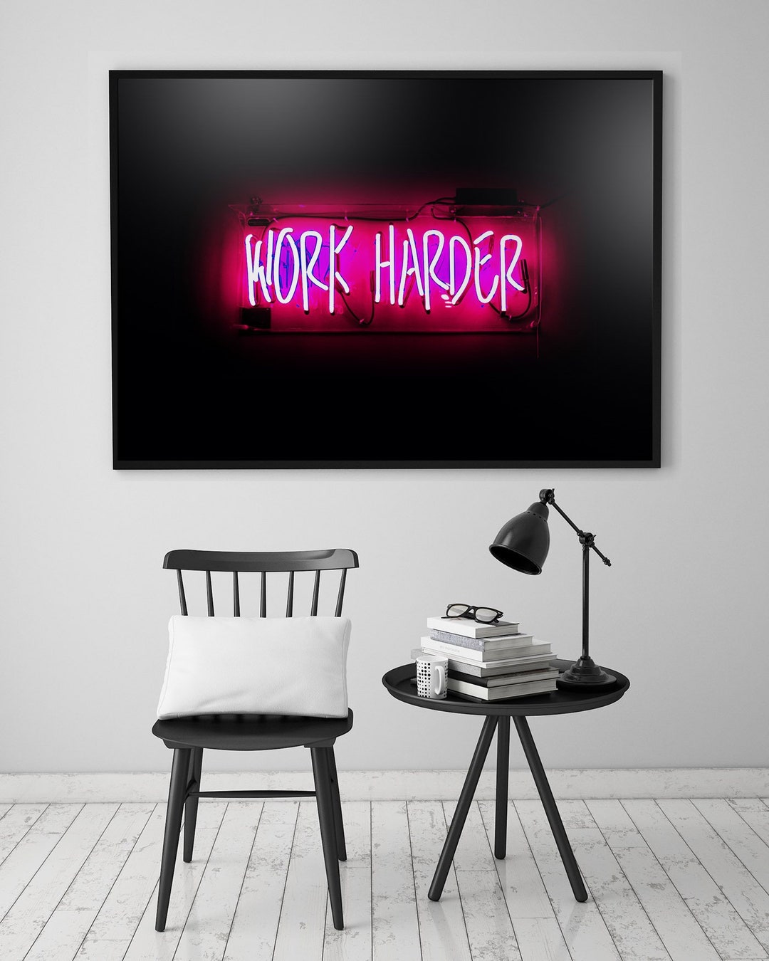 Work Harder Neon Landscape Print – Pink Neon Art, Motivational Phrase ...
