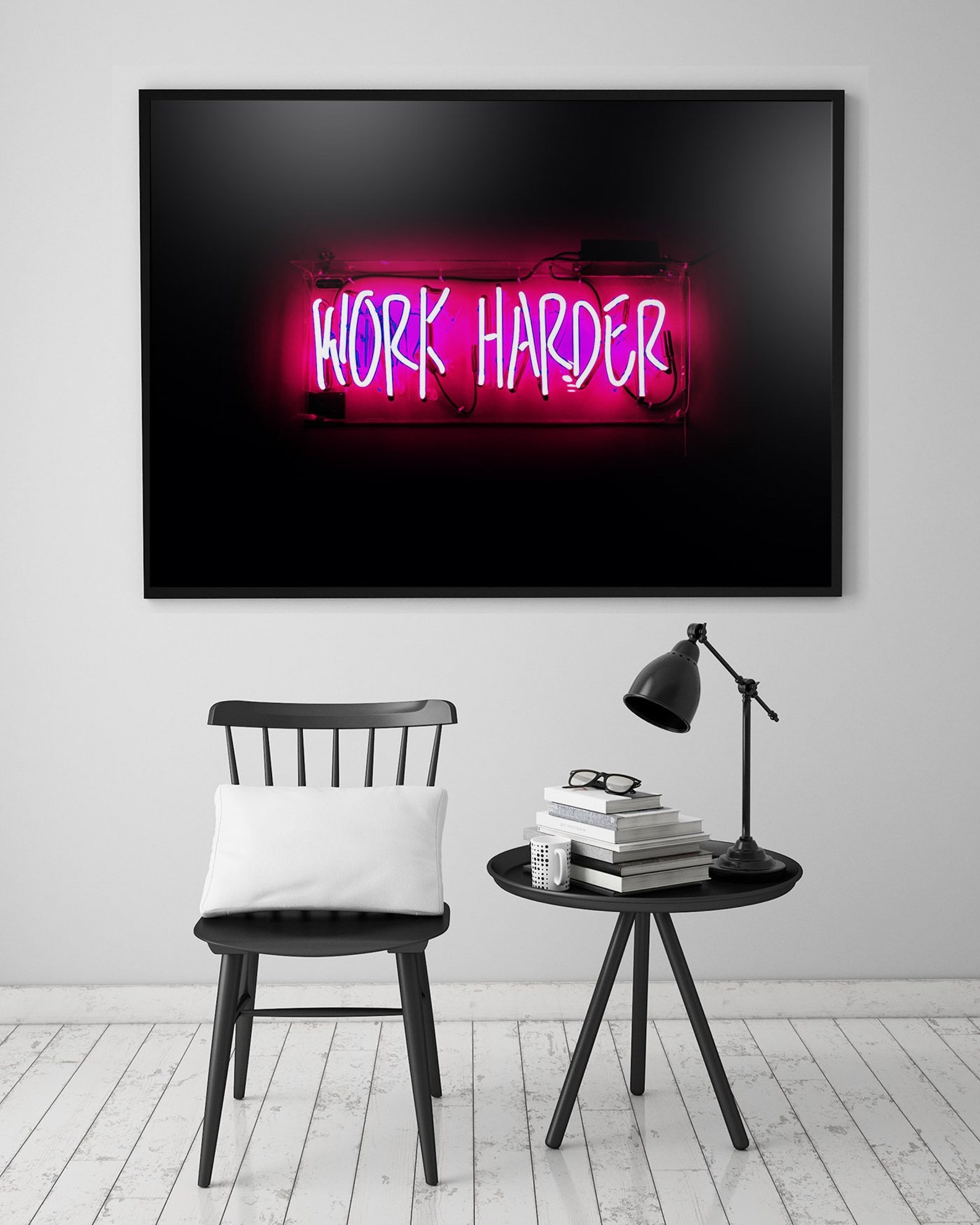 Work Harder Neon Landscape Print – Pink Neon Art, Motivational Phrase ...