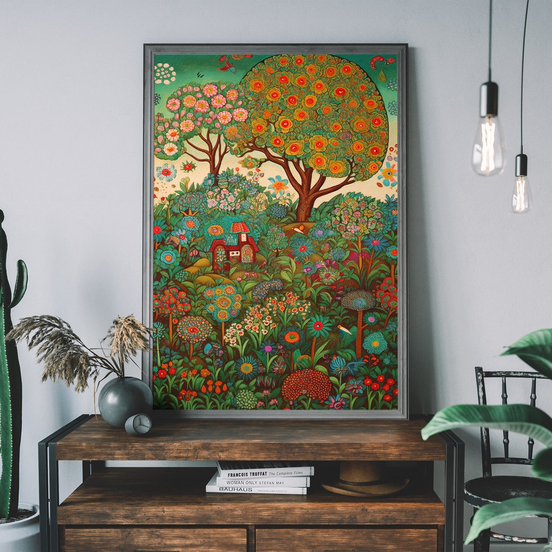 Folk Forest Art Print, Colorful Wall Art, Cottagecore Rustic Decor ...