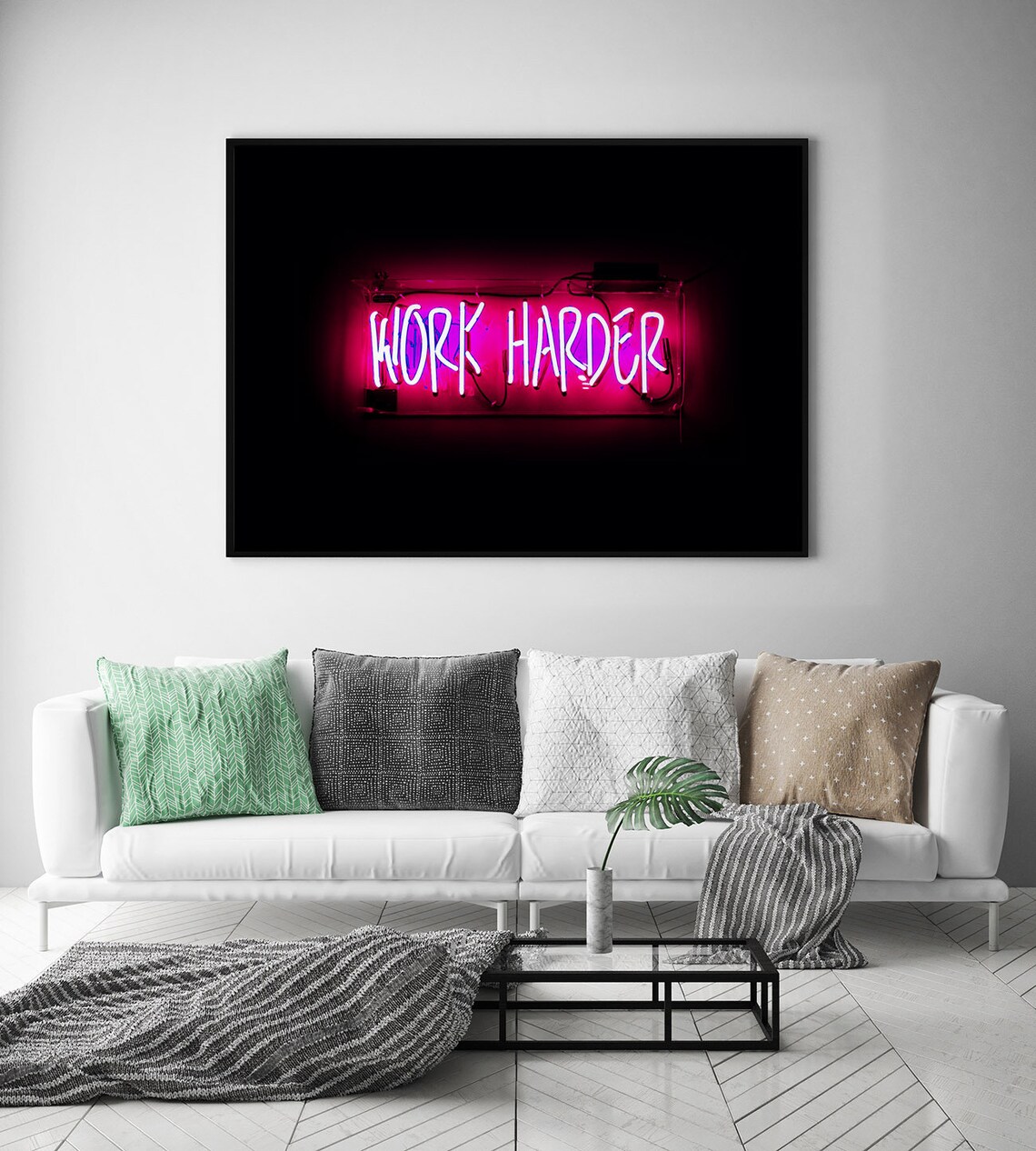 Work Harder Neon Landscape Print – Pink Neon Art, Motivational Phrase ...