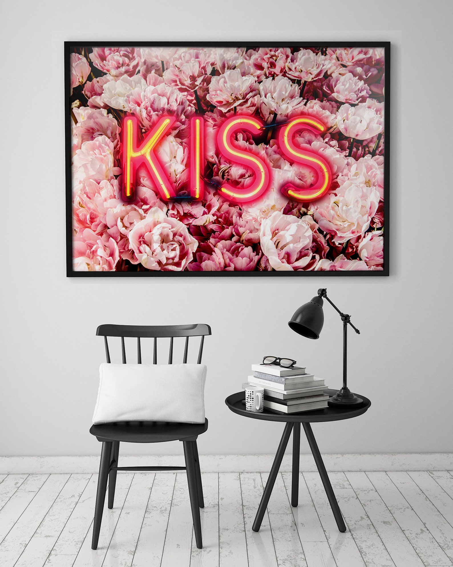 Kiss Neon Sign Roses Art Print Flower Wall Art Kiss Slogan - Etsy