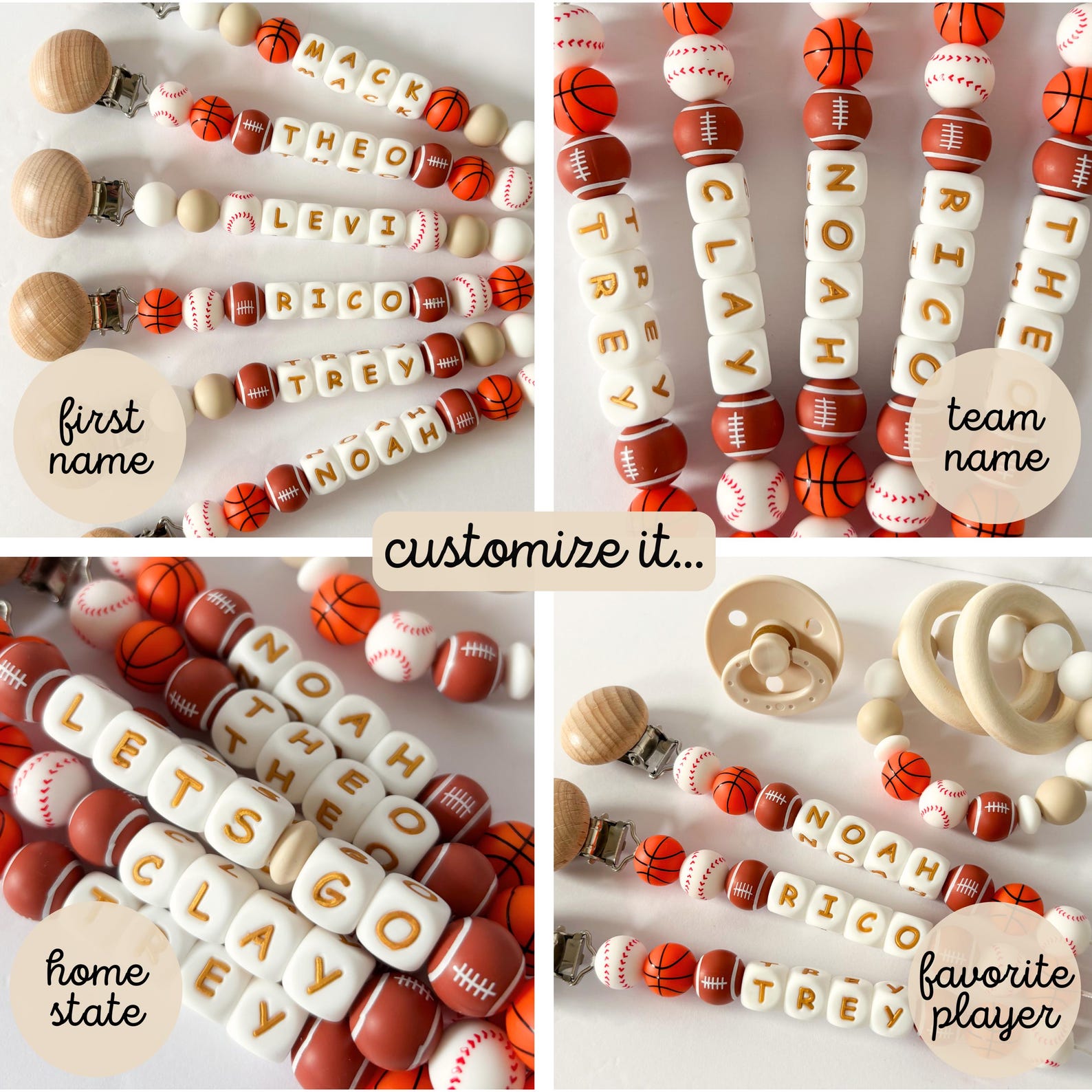 Baseball, Football, Basketball Sports Pacifier Clip • Custom Baby ...
