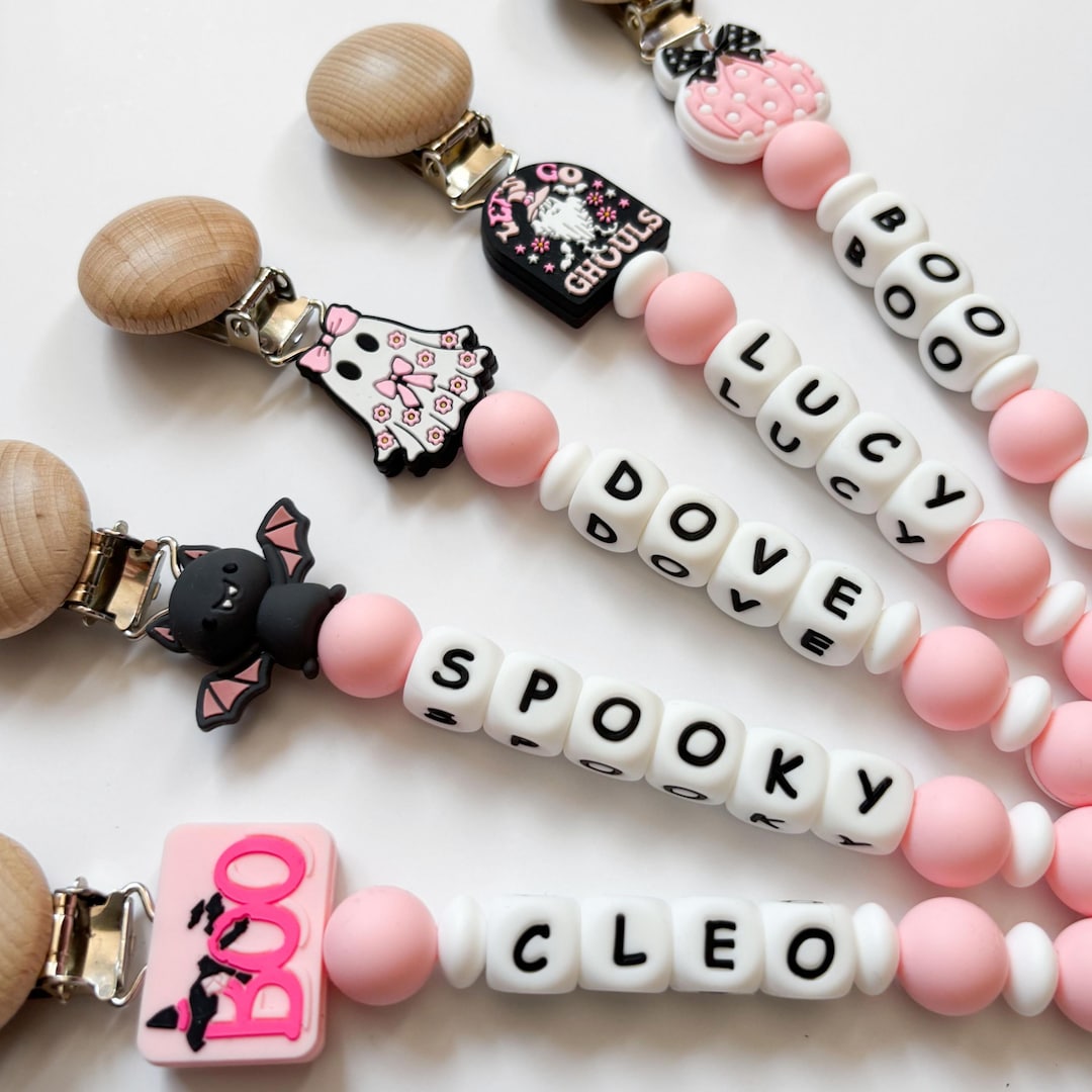 Personalized Pink Halloween Pacifier Clip With Bow Ghost + Bat • Baby ...