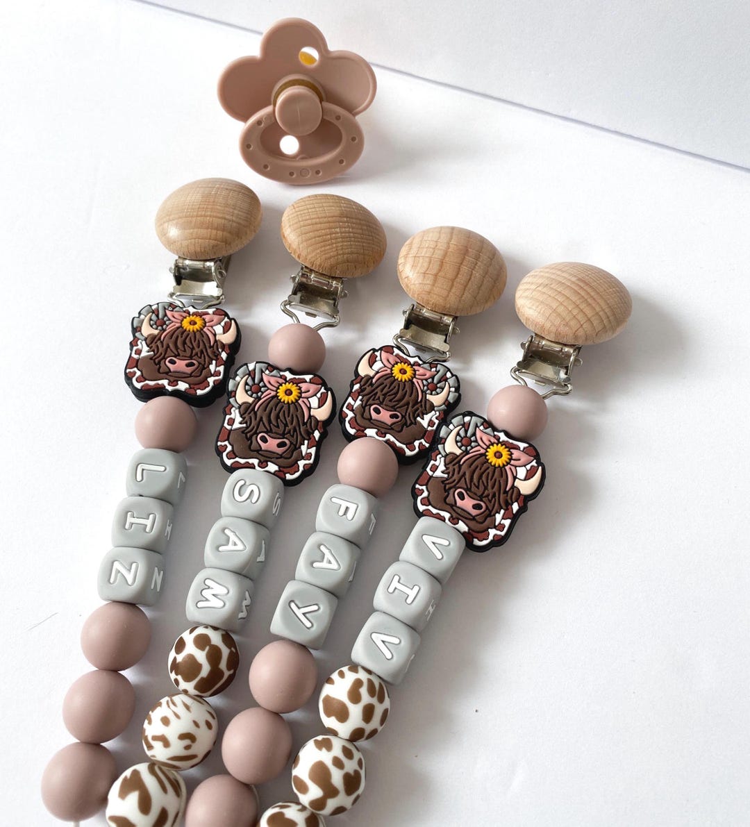 Highland Cow Cow Print Silicone Pacifier Clip Personalize With Newborn ...