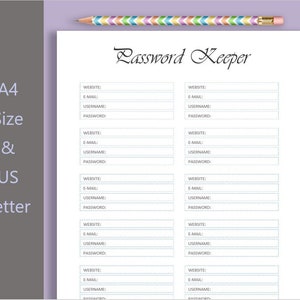 Remember Passwords, Password Keeper, Password Reminder, A4 & US Letter ...