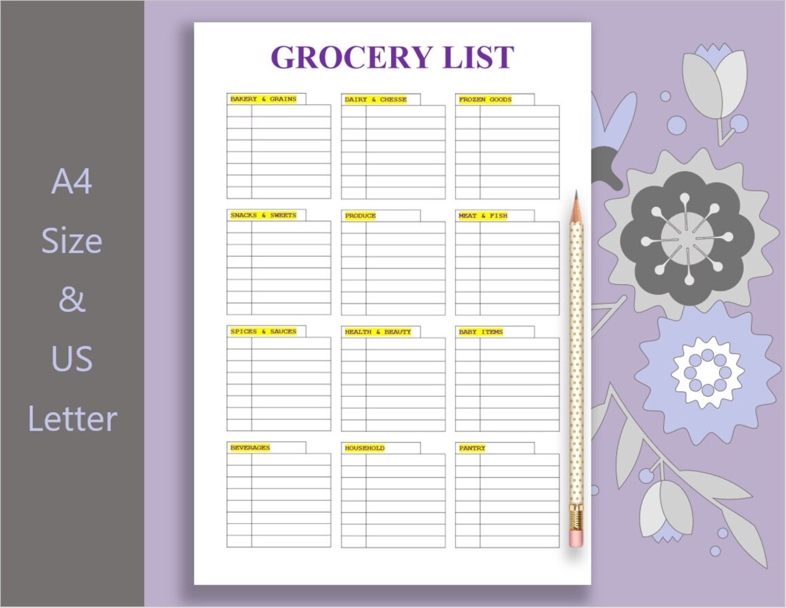 Grocery List, Grocery List Printable, Organize Template, Instant ...
