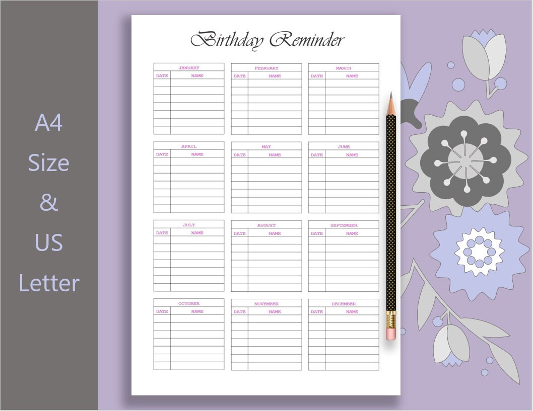 Remember Birthday, Printable Birthday Tracker, Birthday List, Birthday ...
