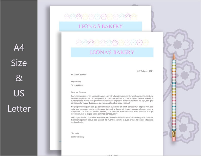 Editable Bakery Letterhead, Cupcake Letterhead, Turquoise Yellow Pink ...
