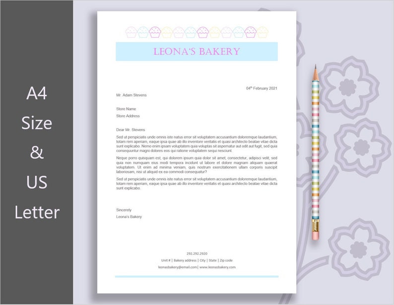 Editable Bakery Letterhead, Cupcake Letterhead, Turquoise Yellow Pink ...