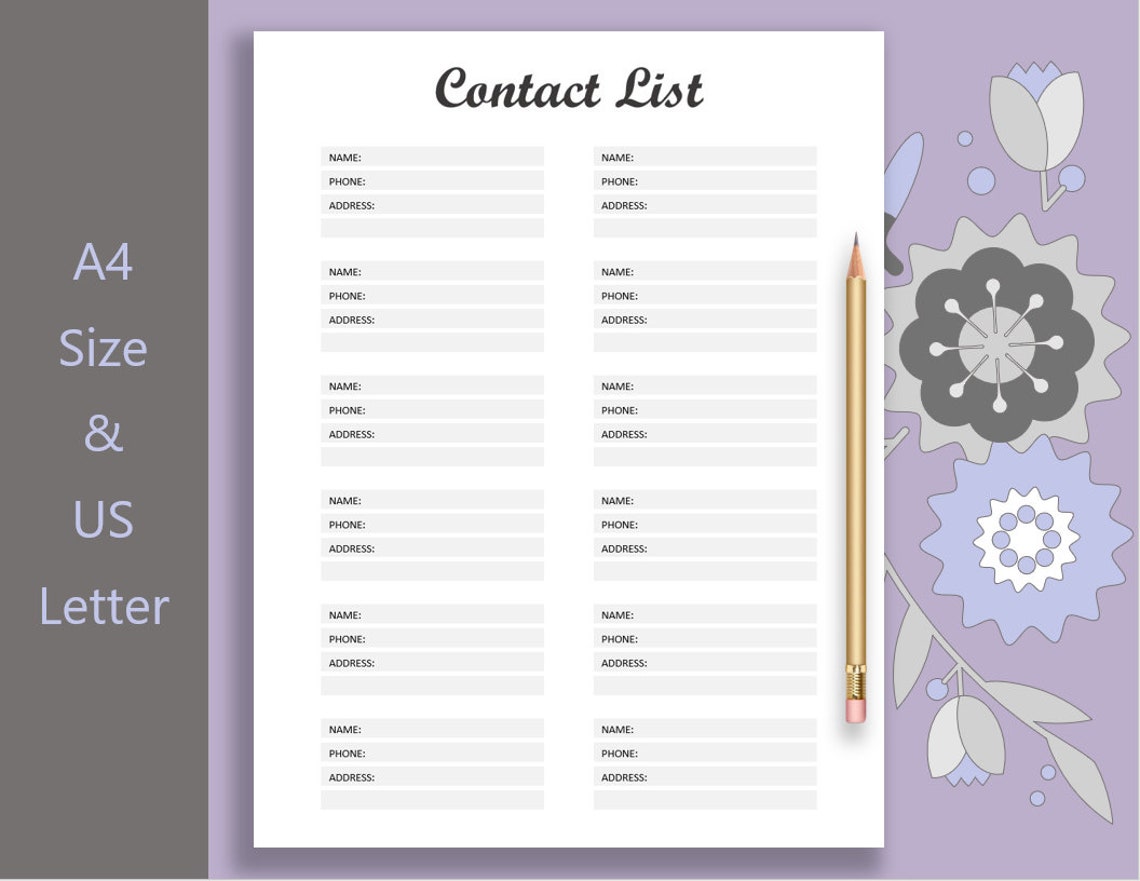 Contact Names, Contact Inserts, Business Contacts, Printable JPG ...