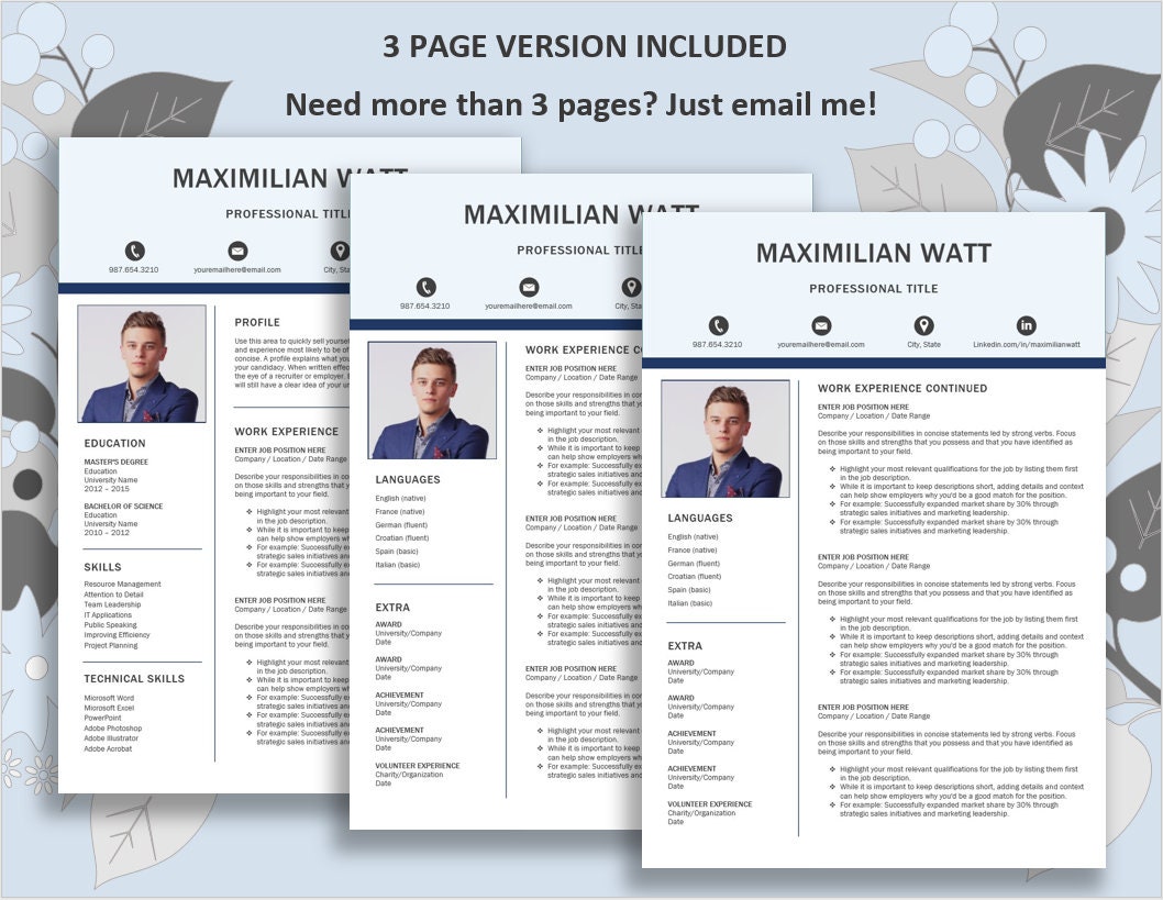 Professional Resume Template for Word, 1, 2 and 3 Page Resume Template ...