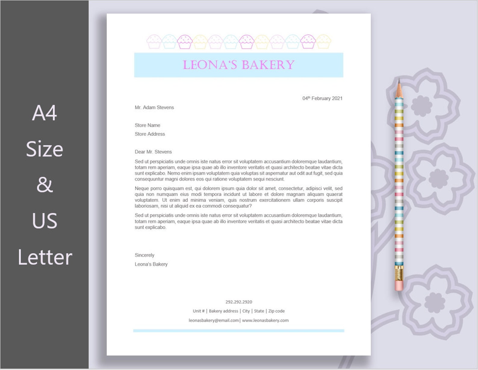 Editable Bakery Letterhead, Cupcake Letterhead, Turquoise Yellow Pink ...