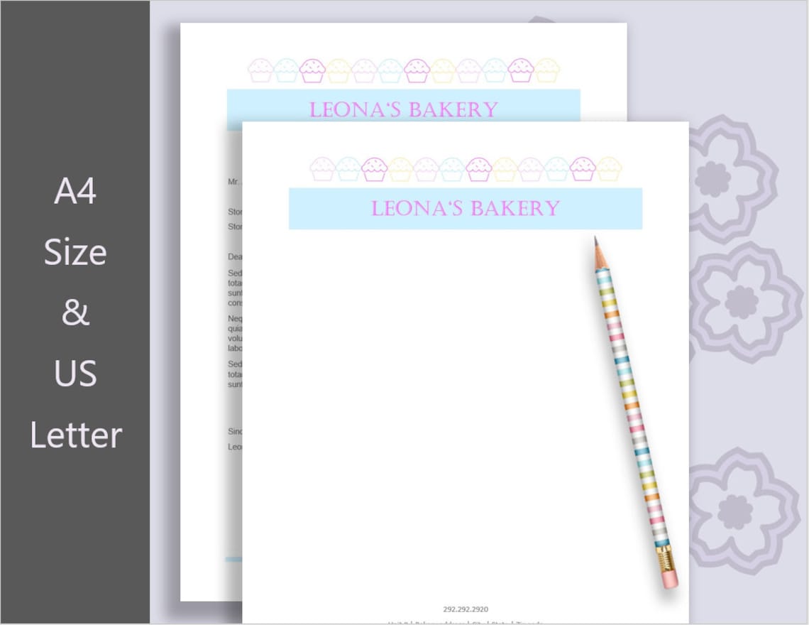 Editable Bakery Letterhead, Cupcake Letterhead, Turquoise Yellow Pink ...