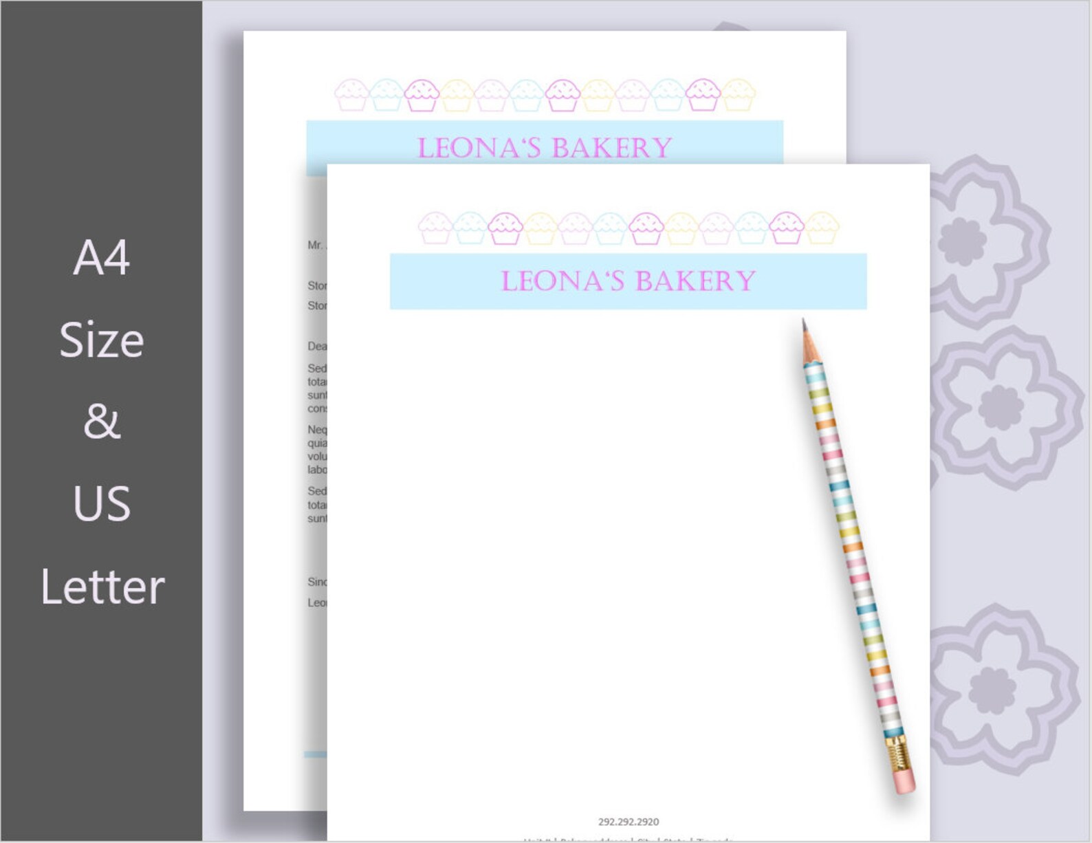Editable Bakery Letterhead, Cupcake Letterhead, Turquoise Yellow Pink ...