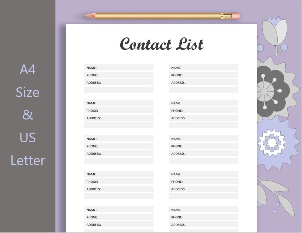 Contact Names, Contact Inserts, Business Contacts, Printable JPG ...