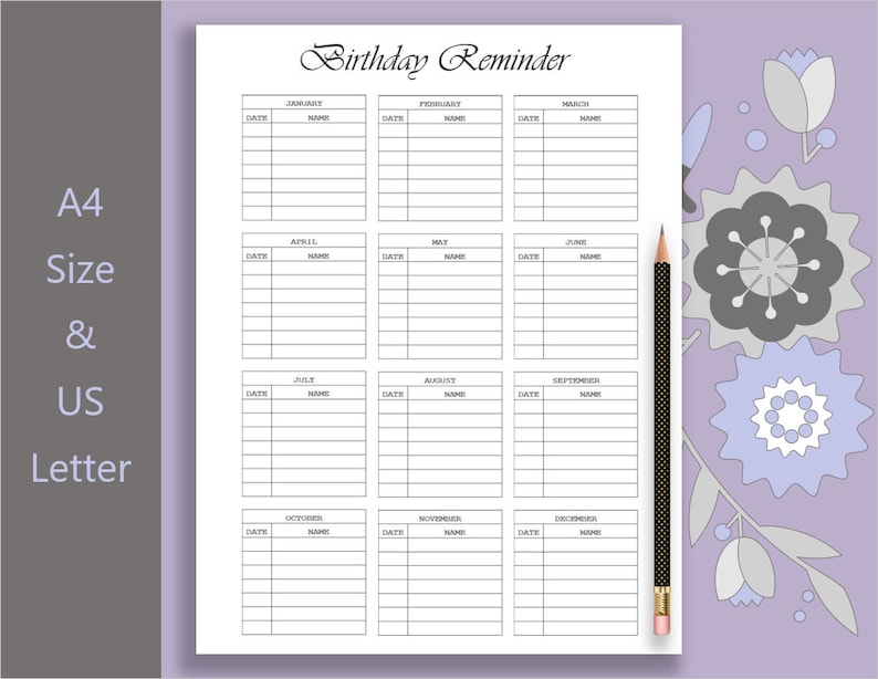 Remember Birthday, Printable Birthday Tracker, Birthday List, Birthday ...