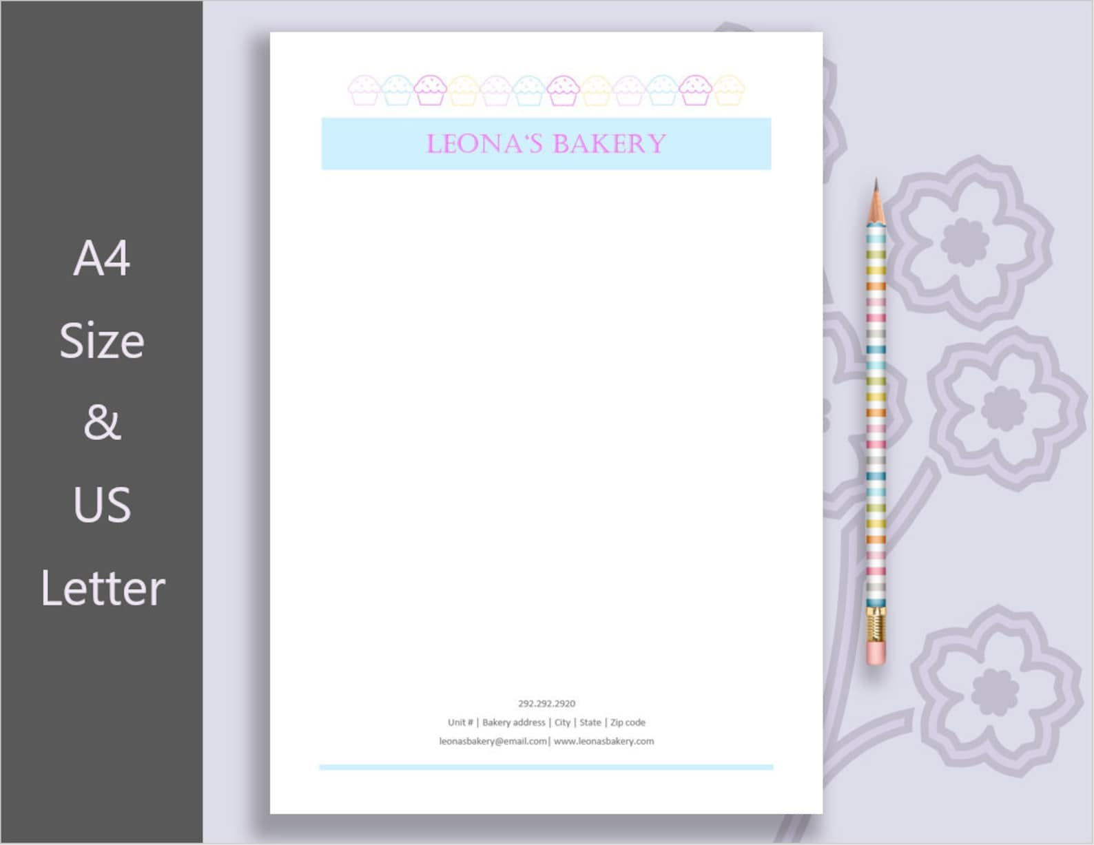 Editable Bakery Letterhead, Cupcake Letterhead, Turquoise Yellow Pink ...
