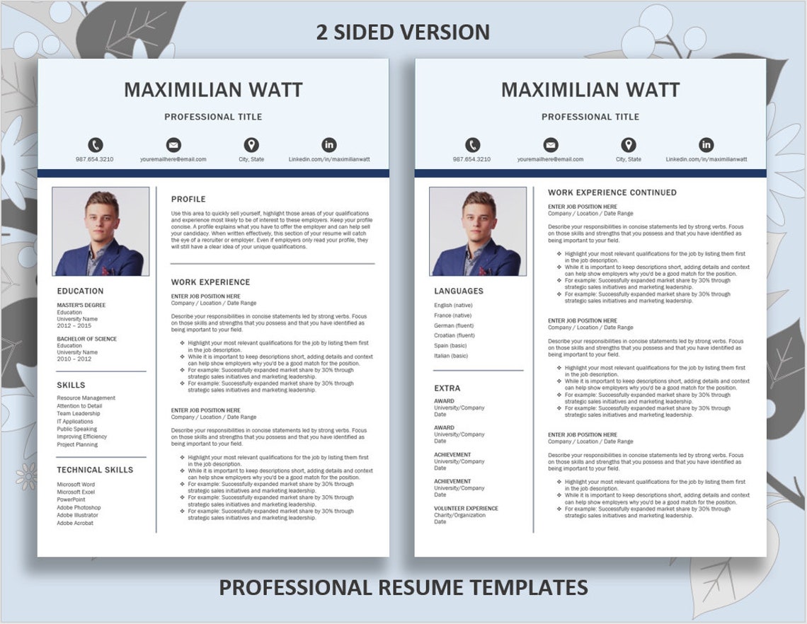Professional Resume Template for Word, 1, 2 and 3 Page Resume Template ...