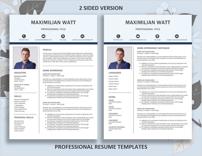 Professional Resume Template for Word, 1, 2 and 3 Page Resume Template ...
