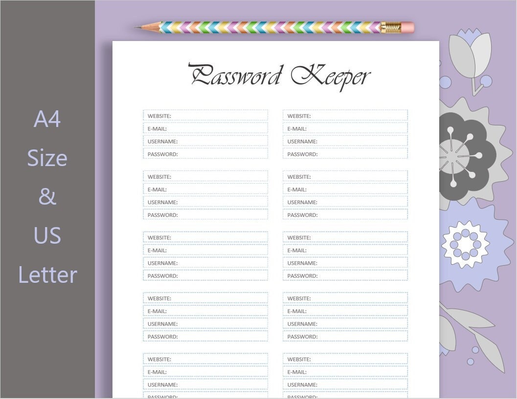 Remember Passwords, Password Keeper, Password Reminder, A4 & US Letter ...