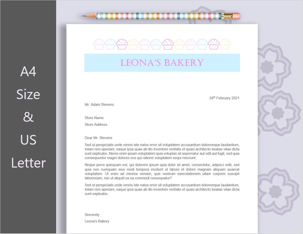 Editable Bakery Letterhead, Cupcake Letterhead, Turquoise Yellow Pink ...
