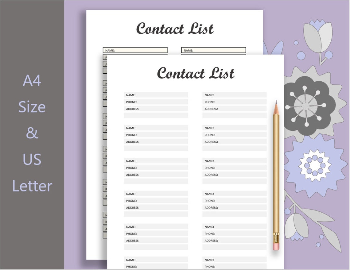Contact Names, Contact Inserts, Business Contacts, Printable JPG ...