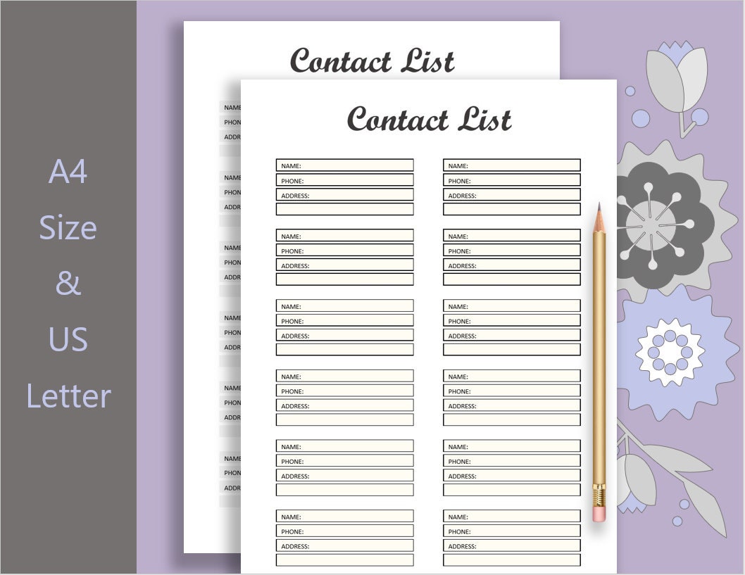 Contact Names, Contact Inserts, Business Contacts, Printable JPG ...