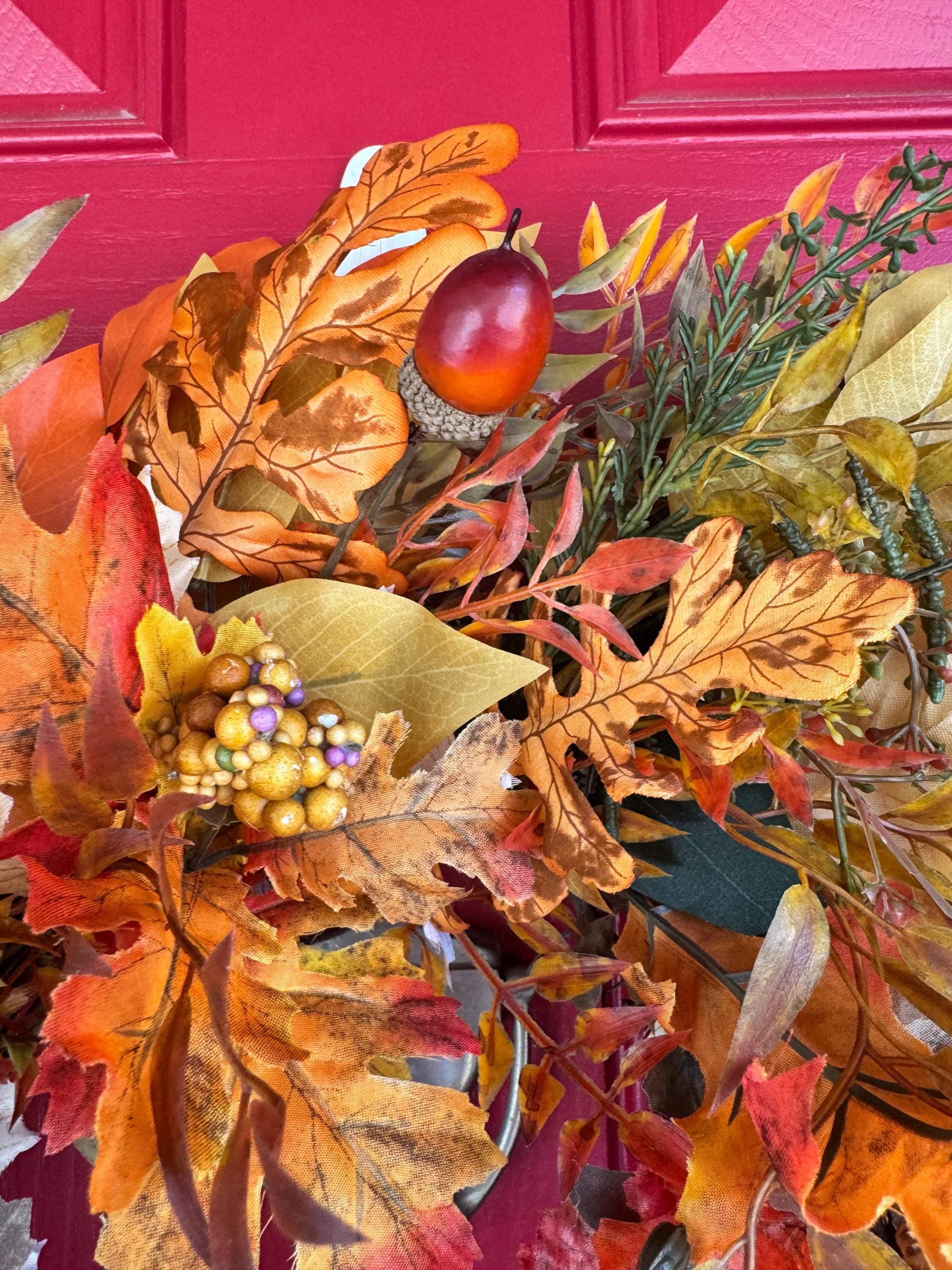 Berry & Acorn Greenery Wreath With Fall Foliage for Front Door, Neutral ...