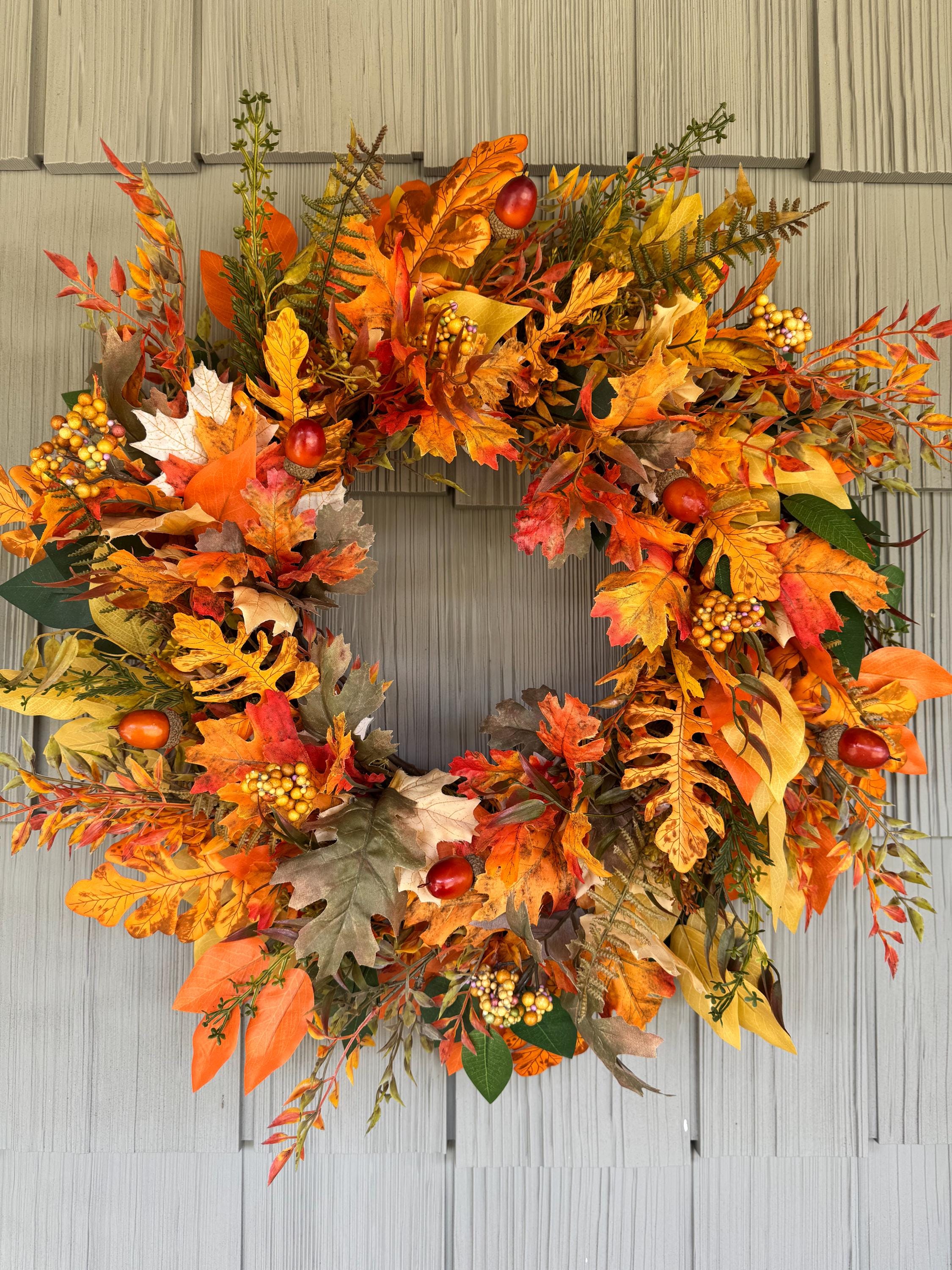 Berry & Acorn Greenery Wreath With Fall Foliage for Front Door, Neutral ...